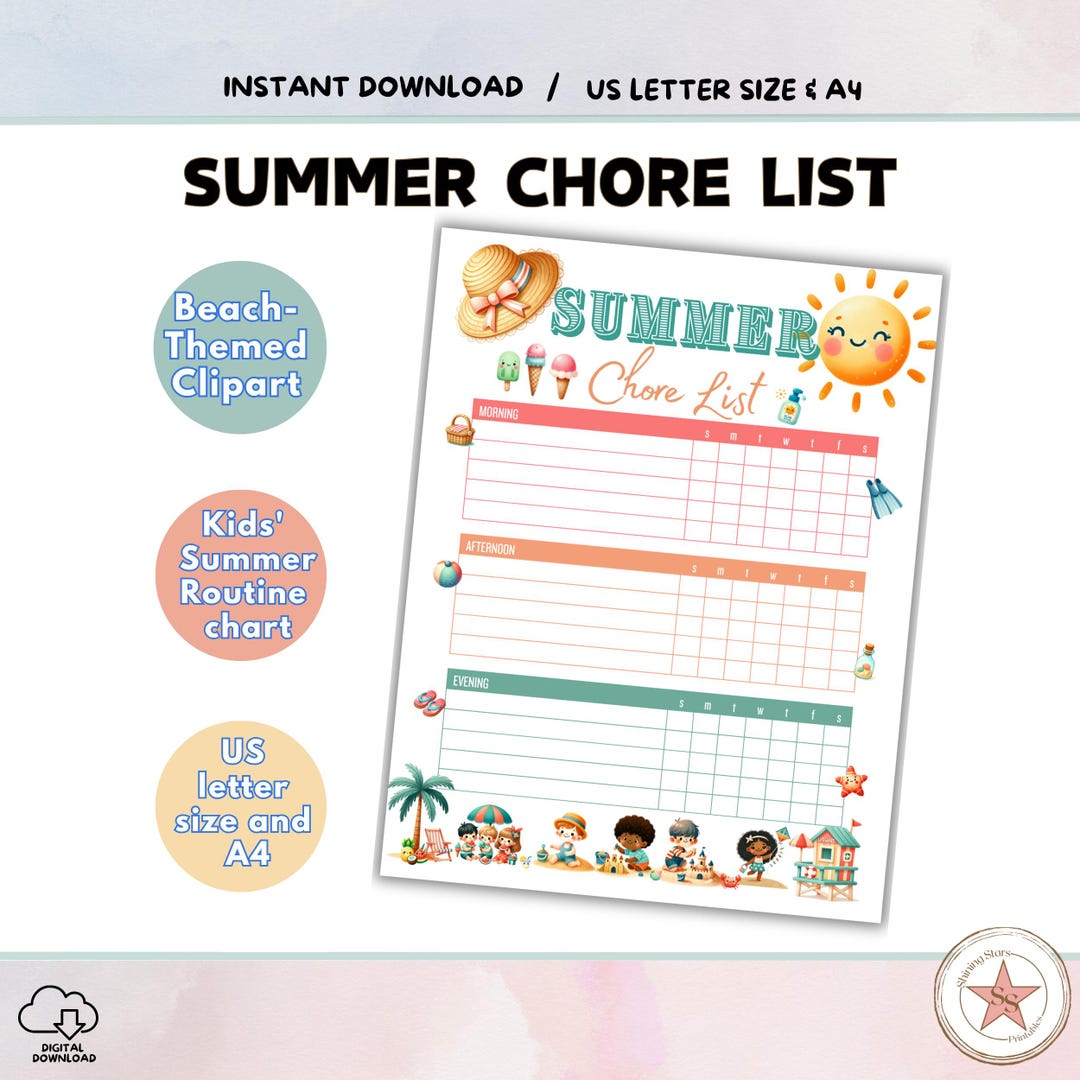 Summer Chore Chart Printable for Kids: Beach Theme Daily To-do List ...