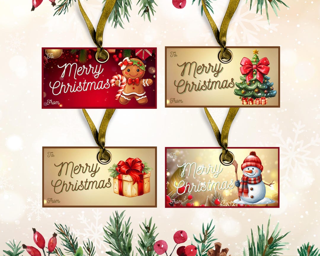 Merry Christmas Gift Tags, Printable Holiday Name Tags, Instant ...