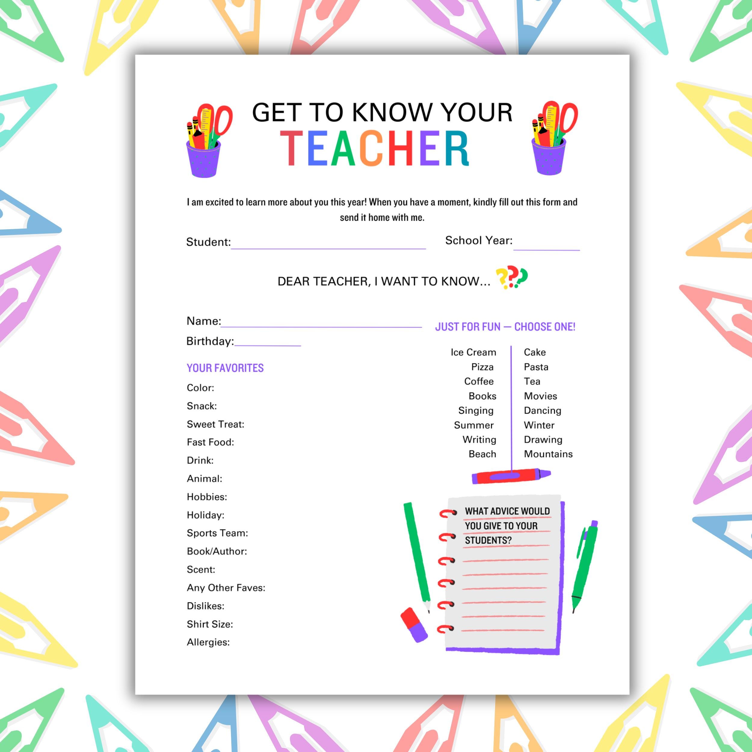 Teacher Favorite Things Questionnaire, All About My Teacher, Get to ...