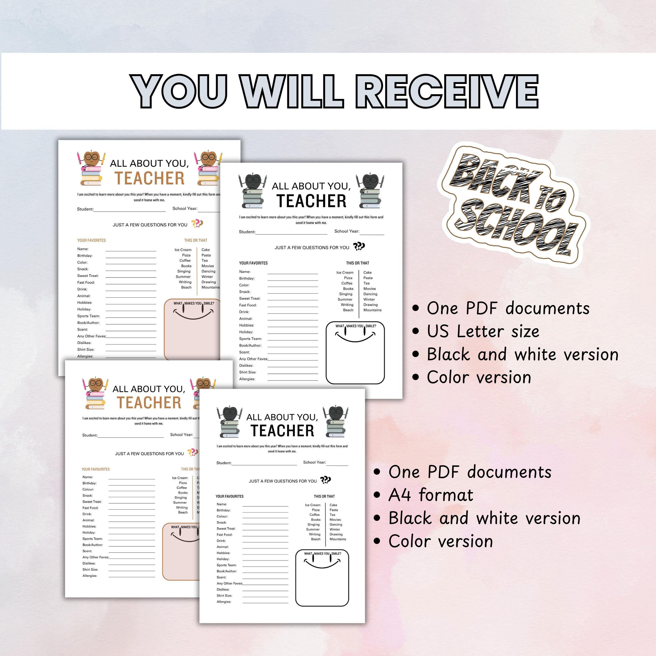 Teacher Favorite Things Questionnaire: Student Q&A (PDF) - Etsy