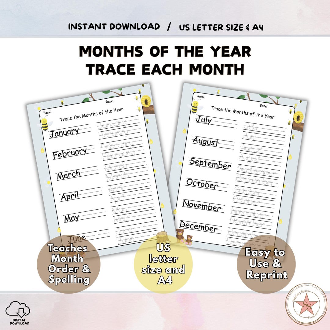 Months of the Year Tracing Worksheet: Bear Theme Handwriting Practice ...