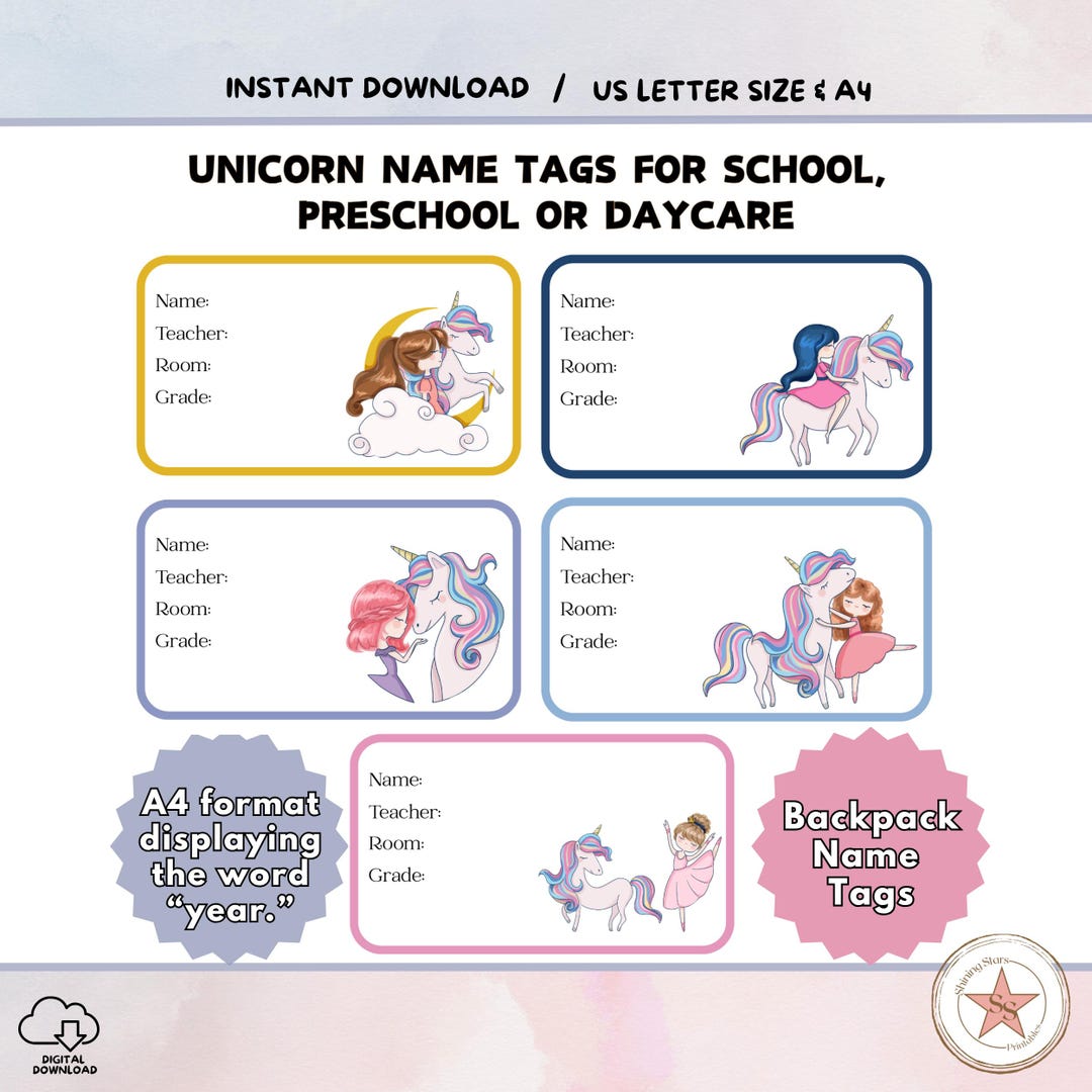 Unicorn Name Tags: Printable Back-to-school Labels (PDF Download) - Etsy