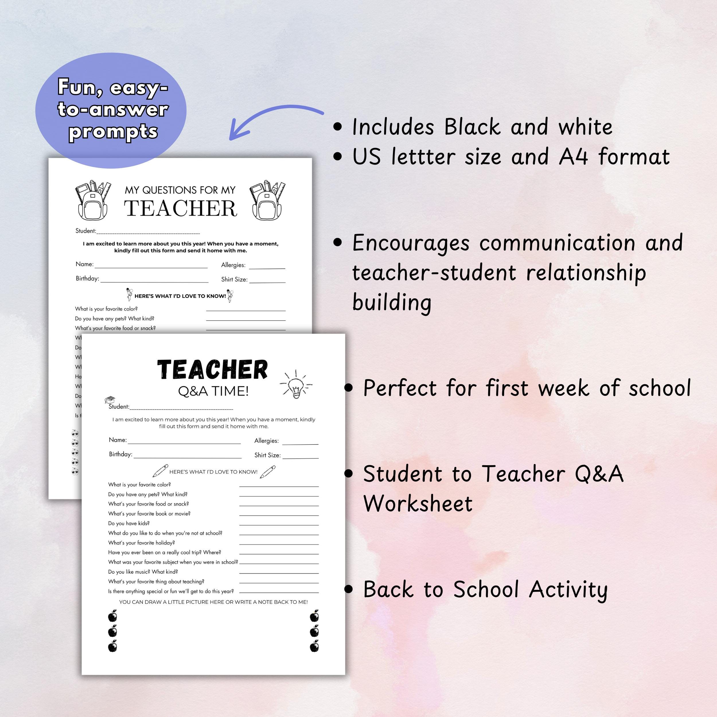 Teacher Favorite Things Questionnaire: Student Q&A Worksheet (PDF) - Etsy