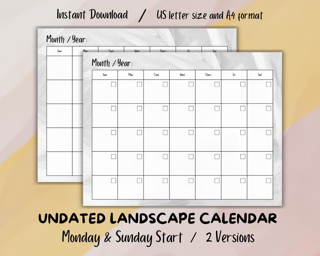 Undated Calendar Printable, Blank Monthly Calendar, Undated Landscape ...