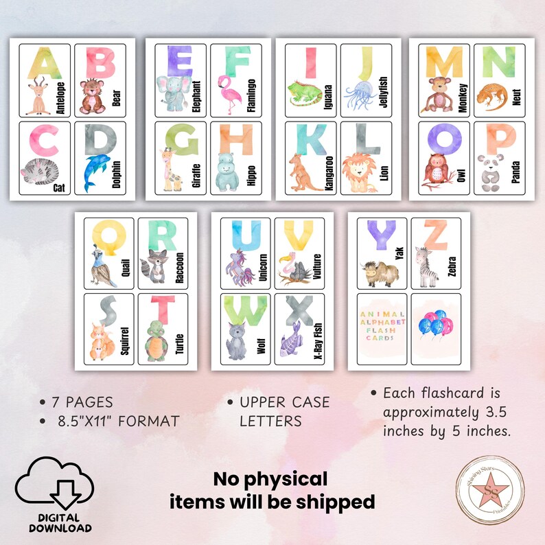 Animal Alphabet Flashcards: Watercolor ABC Learning (PDF) - Etsy