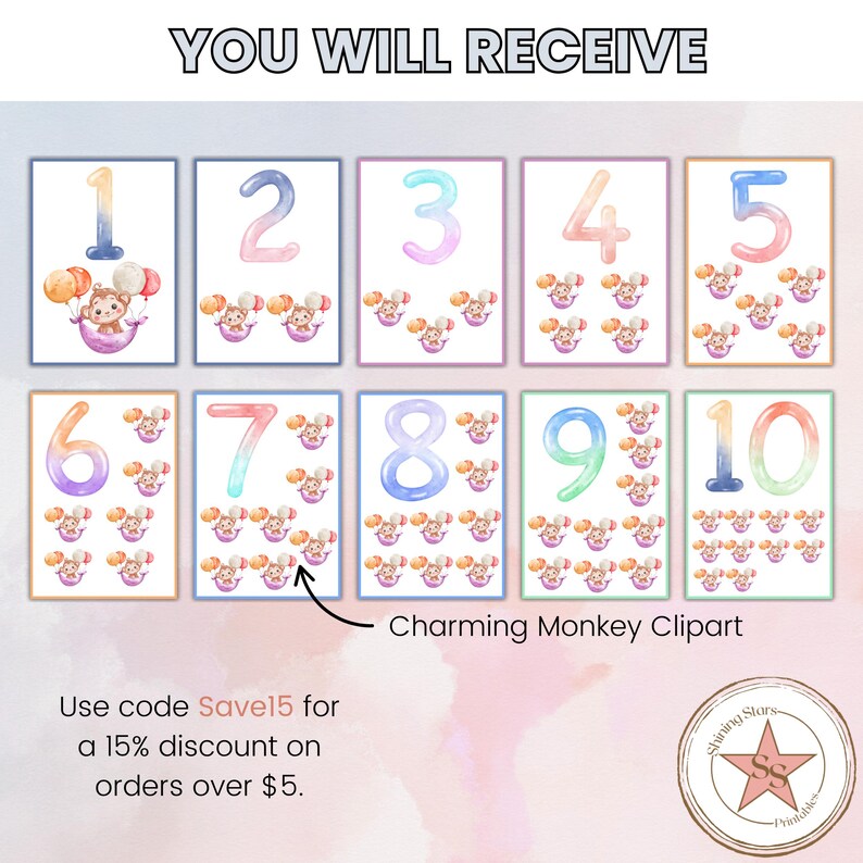 Monkey Numbers Flashcards: Watercolor Counting Cards (digital Download ...