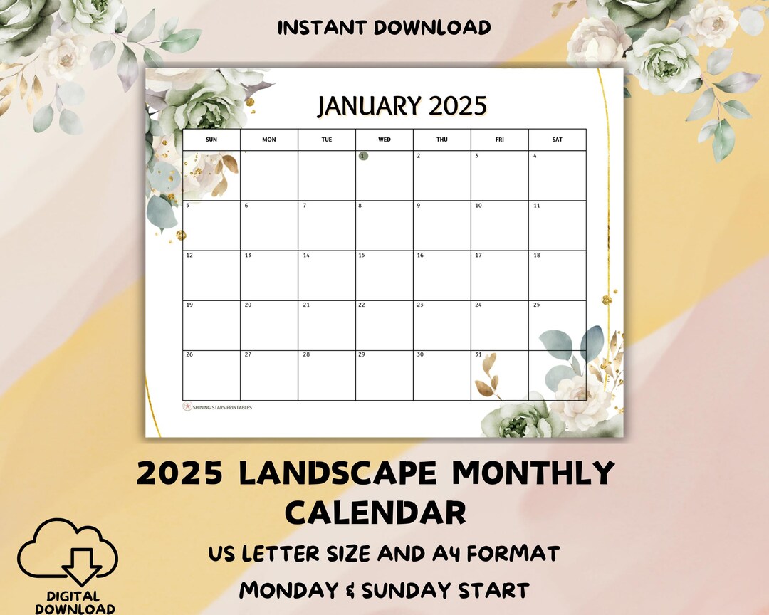 2025 Monthly Calendar, Sage Green Floral, Printable Landscape Calendar ...