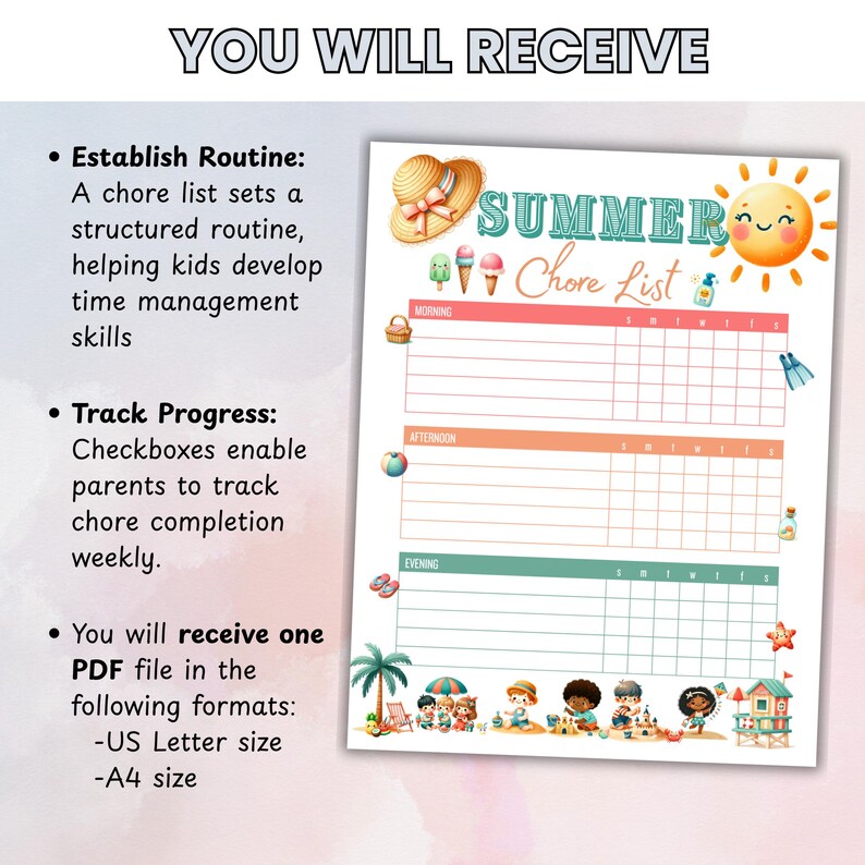 Summer Chore Chart Printable for Kids: Beach Theme Daily To-do List ...