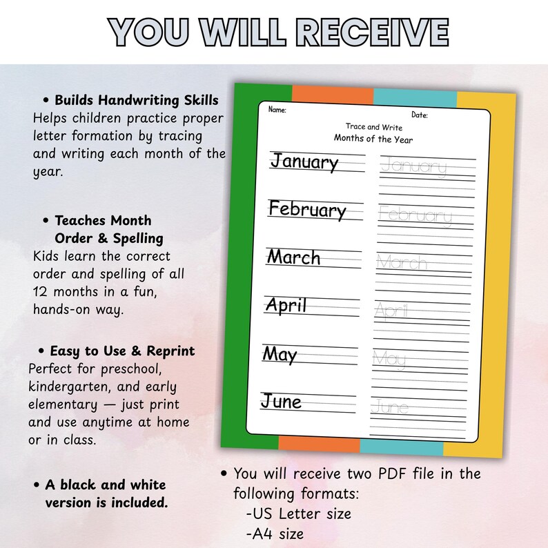 Months of the Year Handwriting Practice Worksheet: Preschool Printable ...