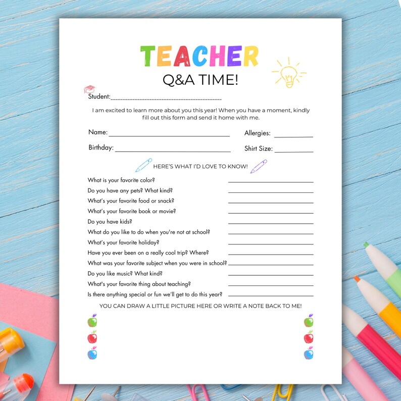 Teacher Favorite Things Questionnaire: Student Q&A Worksheet (PDF) - Etsy