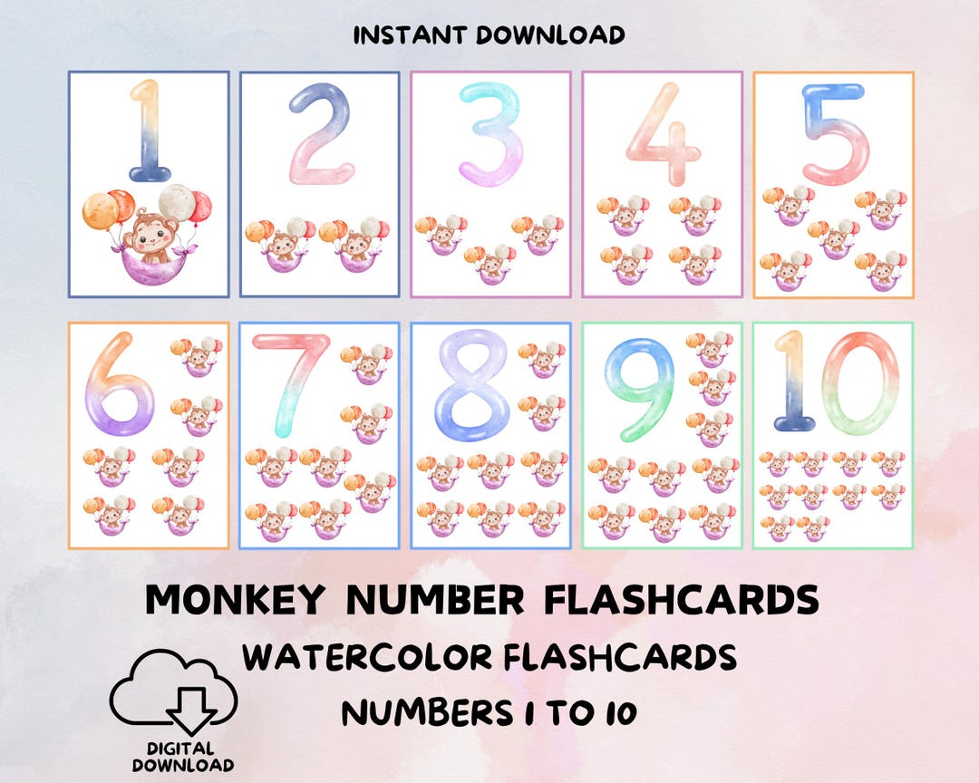 Number Flashcards, Monkey Numbers Watercolor Printable, Fun Counting ...