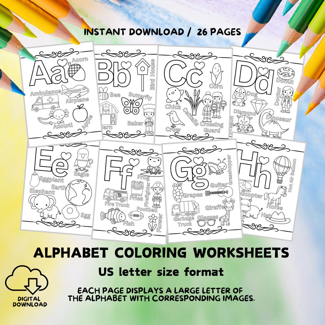 Alphabet Coloring Pages: ABC Worksheets for Kids (PDF) - Etsy