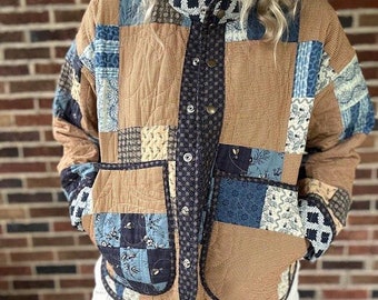 Teal Sweater Jacket Patchwork Plaid Flower, Upcycling Handmade, Sew ...