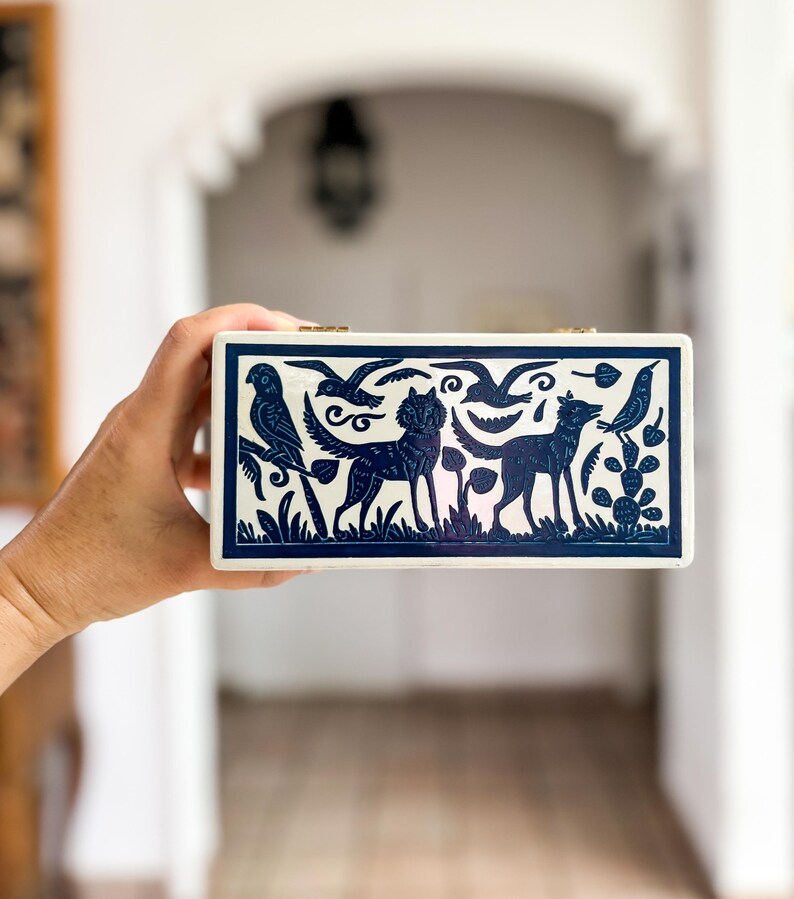 CONTEMPORARY Handcrafted White & Blue Lacquer Box, Olinala Guerrero ...