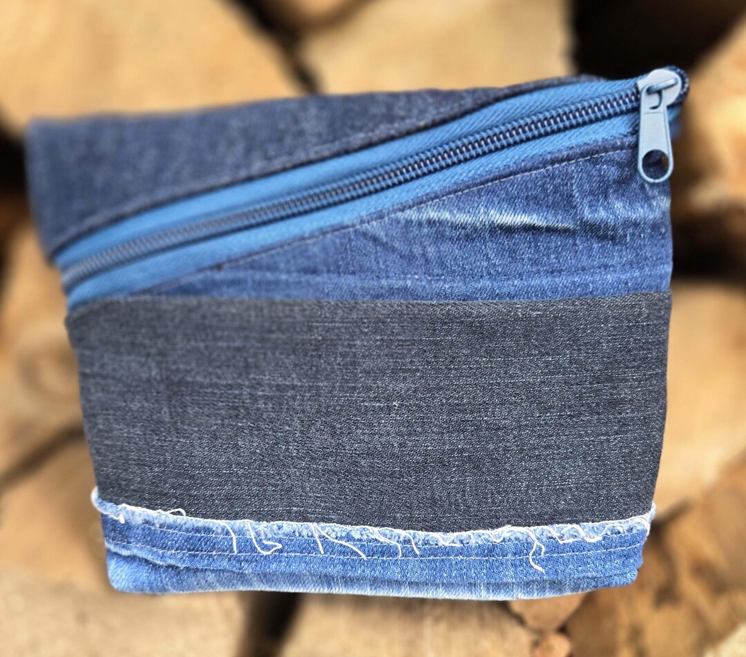 Upcycled Jeans Denim Diagonal Zipper Pouch With Grey Lining and Teal ...