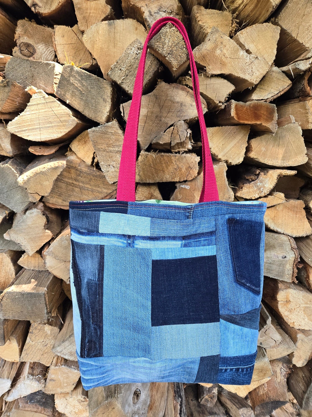Upcycled Denim Patchwork Tote Bag: Red Handles, Zipper Pocket - Etsy
