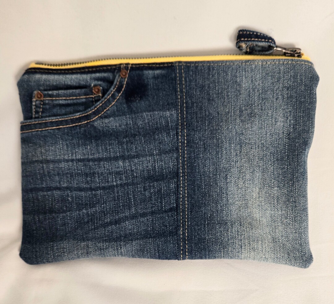 Upcycled Denim Jeans Zipper Pouch With Floral Lining and Yellow Metal ...