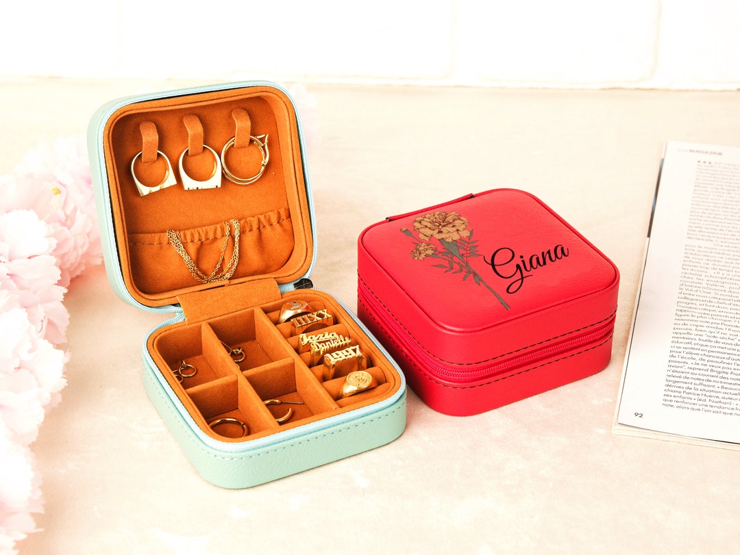 Custom Birth Flower Jewelry Box, Leather Jewelry Case, Jewelry ...