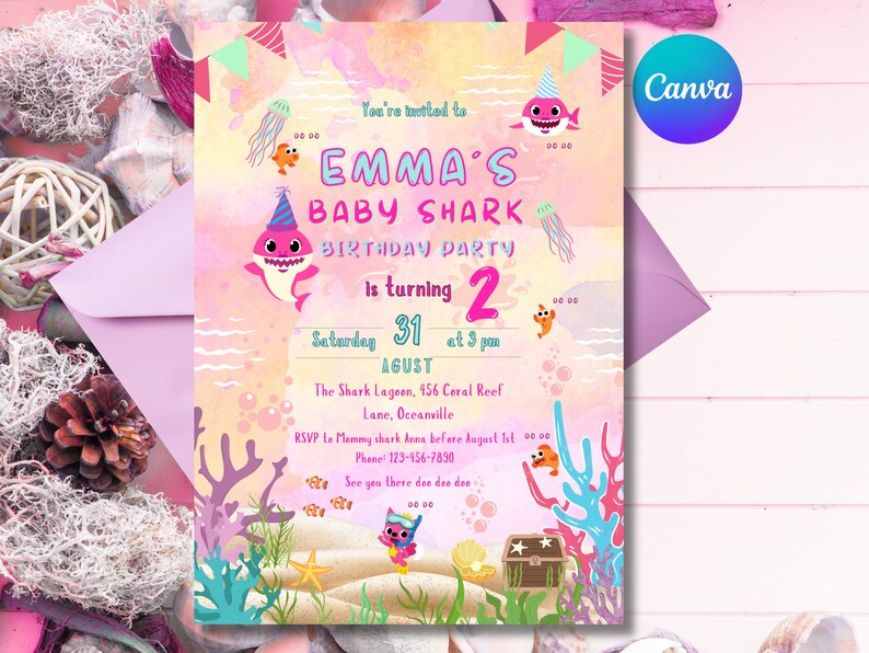 Pink Baby Shark Birthday, Baby Shark Editable Invitation,pink Baby ...