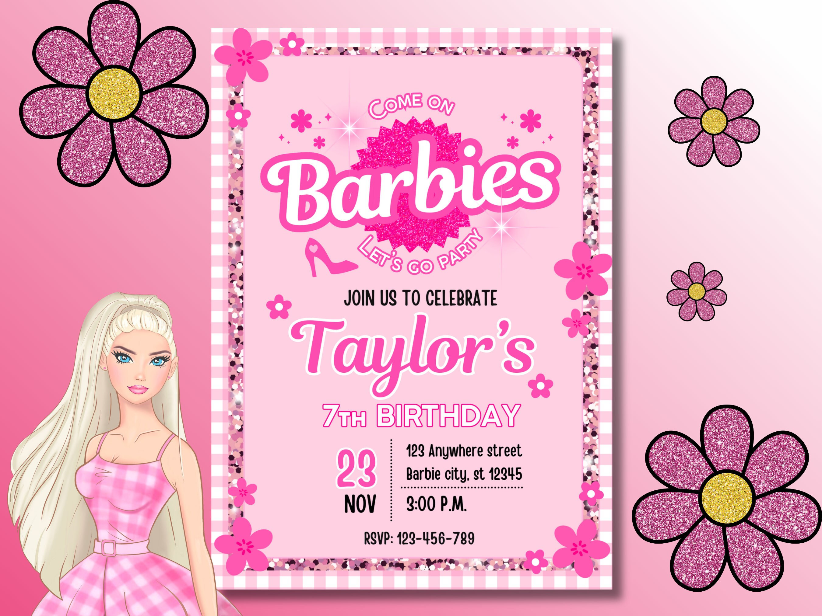 Barbie Invitation Birthday, Como on Barbie, Girls Birthday, Pink Barbie ...