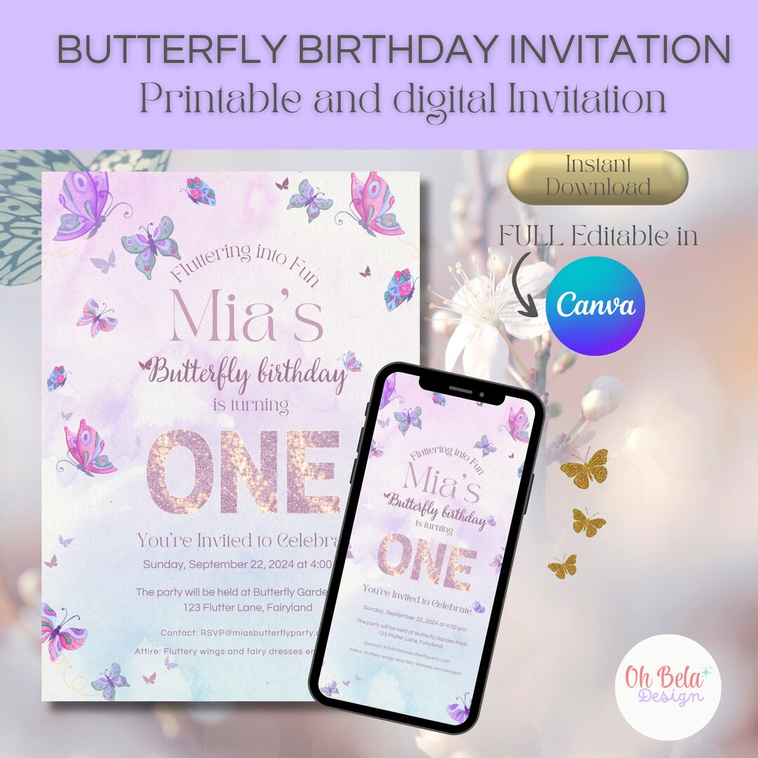 Butterfly First Birthday Invitation Template,girl's Butterfly Birthday ...