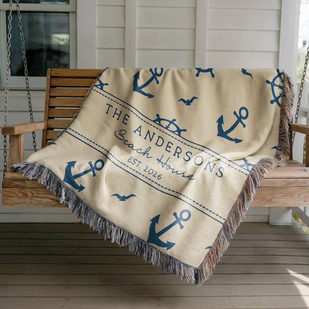 Personalized Family Name Beach House Blanket, Coastal Woven Throw ...