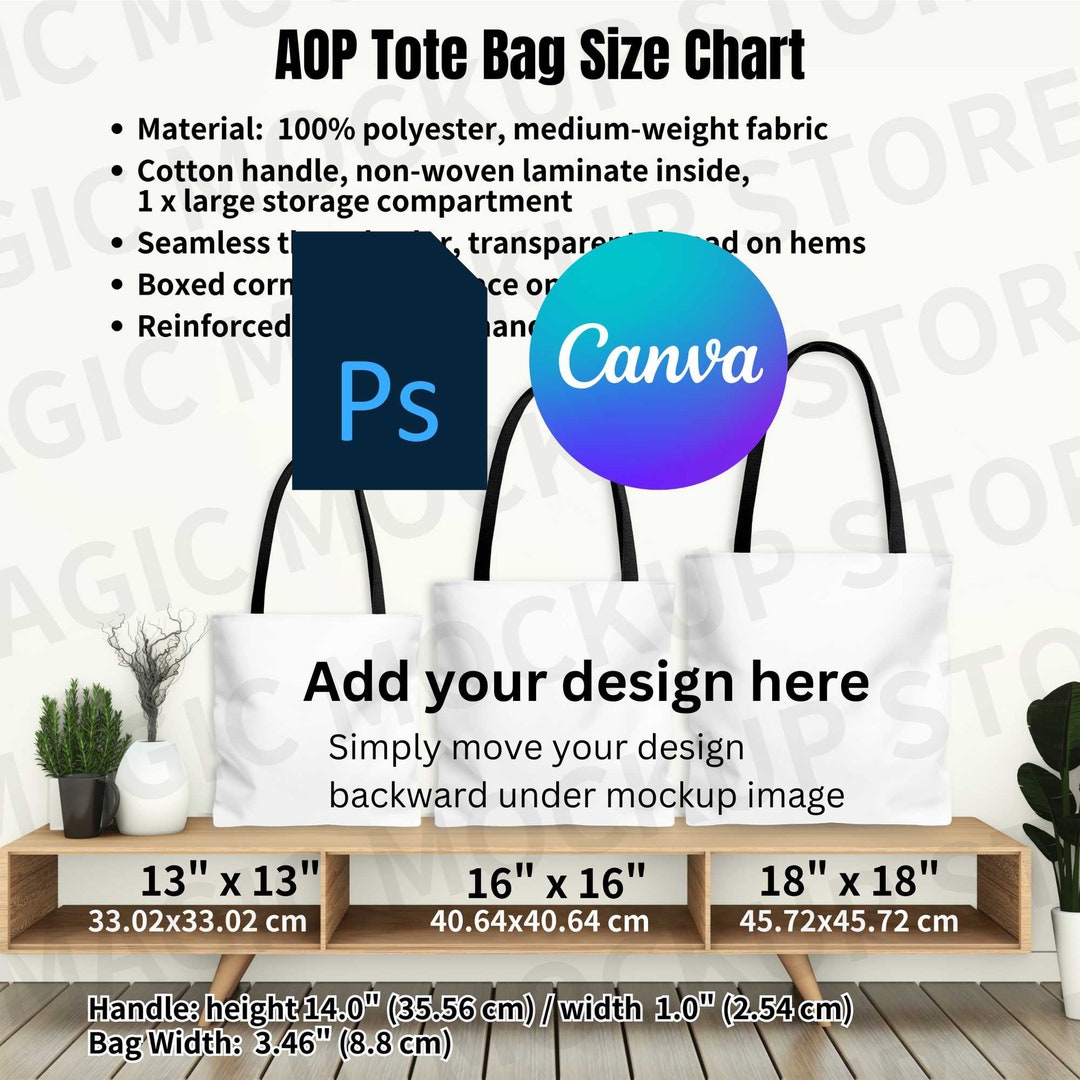 Canva AOP Tote Bag Size Chart PSD Tote Bag Mockup AOP Bag Size Mockup Realistic Tote Bag Mockup ...