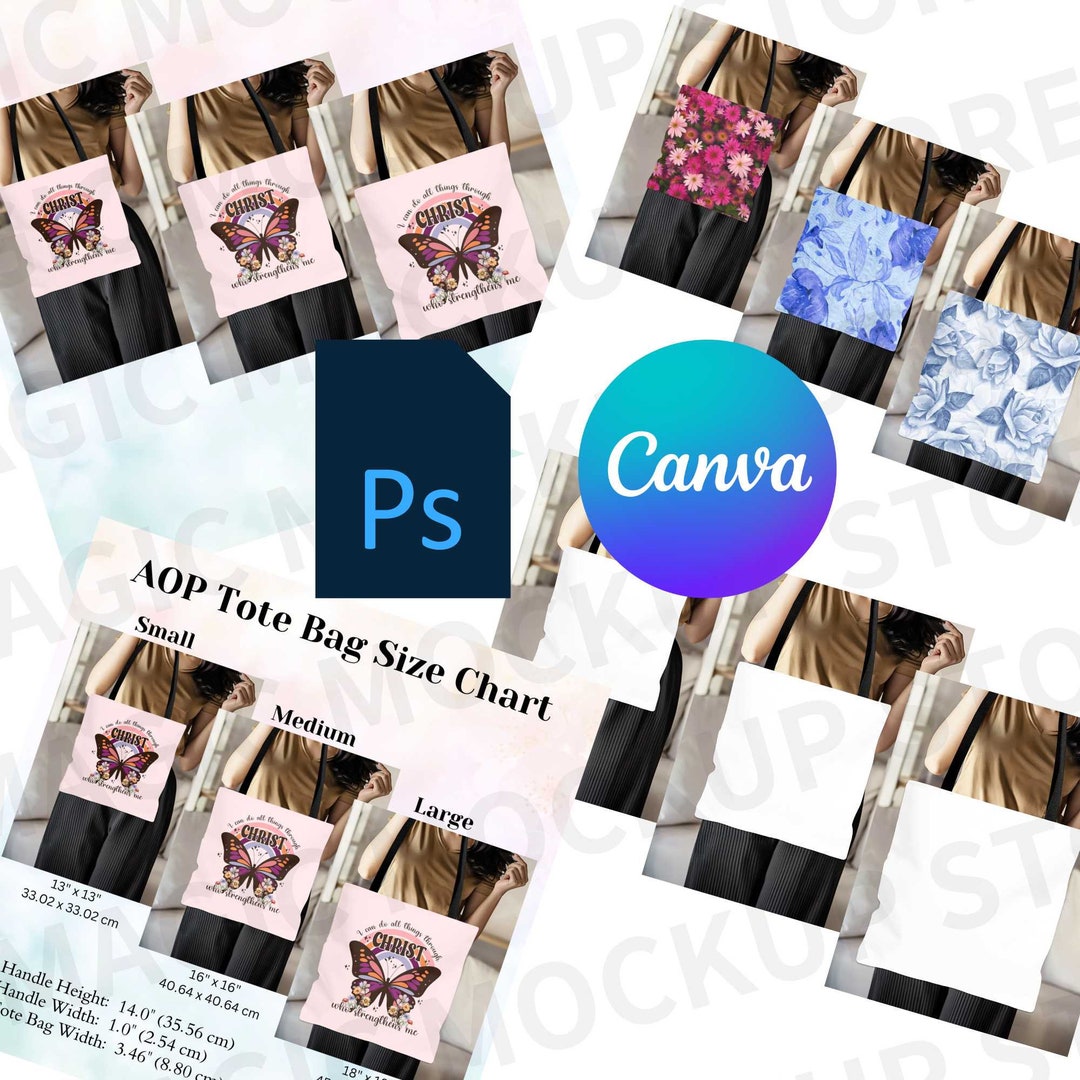 AOP Tote Bag Size Chart Tote Bag Mockup AOP Bag Size Mockup Canva Mockup PSD Mockup Realistic ...