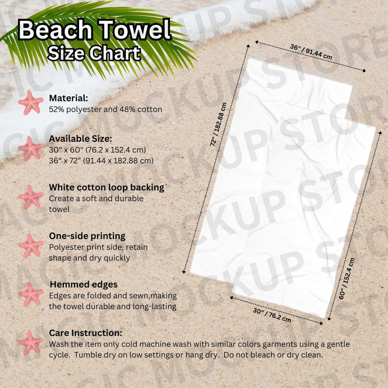 Beach Towel Size Chart Mockup Canva Beach Towel Features and Size Chart ...