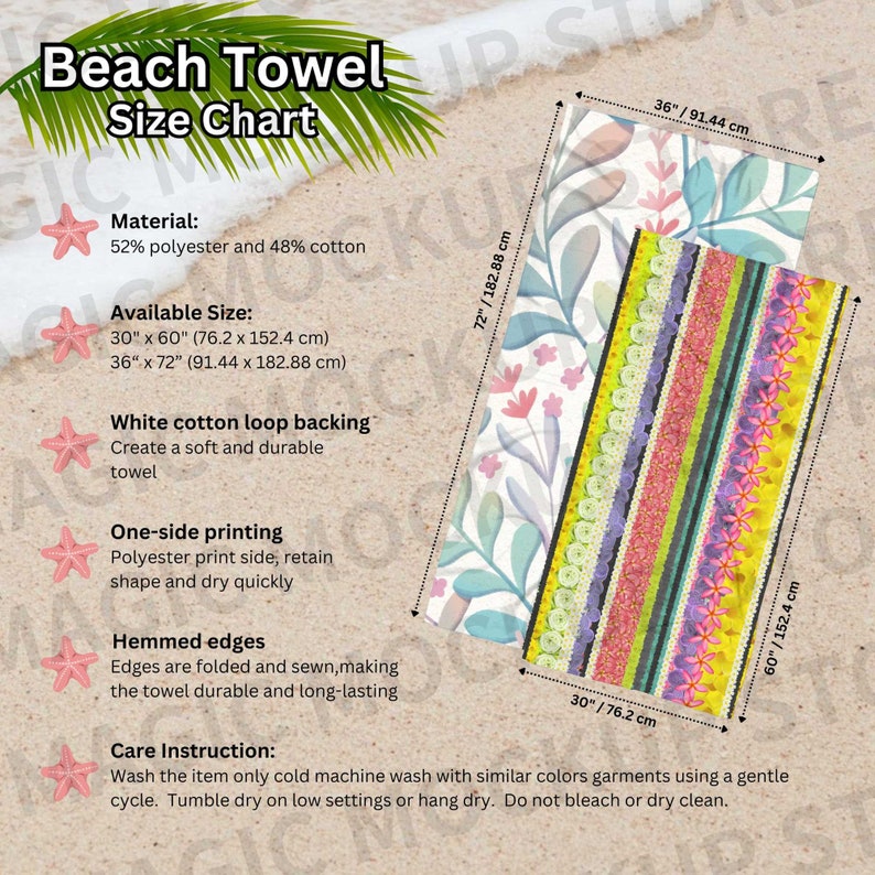 Beach Towel Size Chart Mockup Canva Beach Towel Features and Size Chart ...
