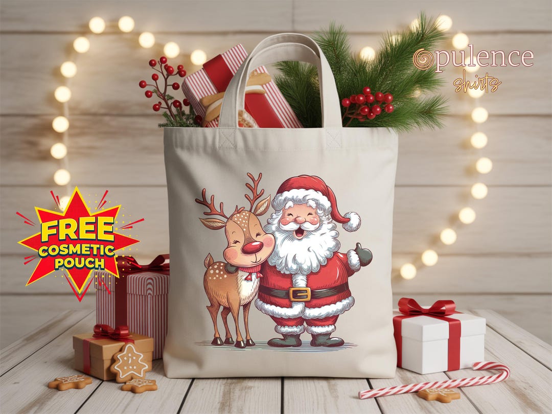 Smiling Santa and Rudolph Reindeer Tote Bag, Christmas Shopping Bag ...