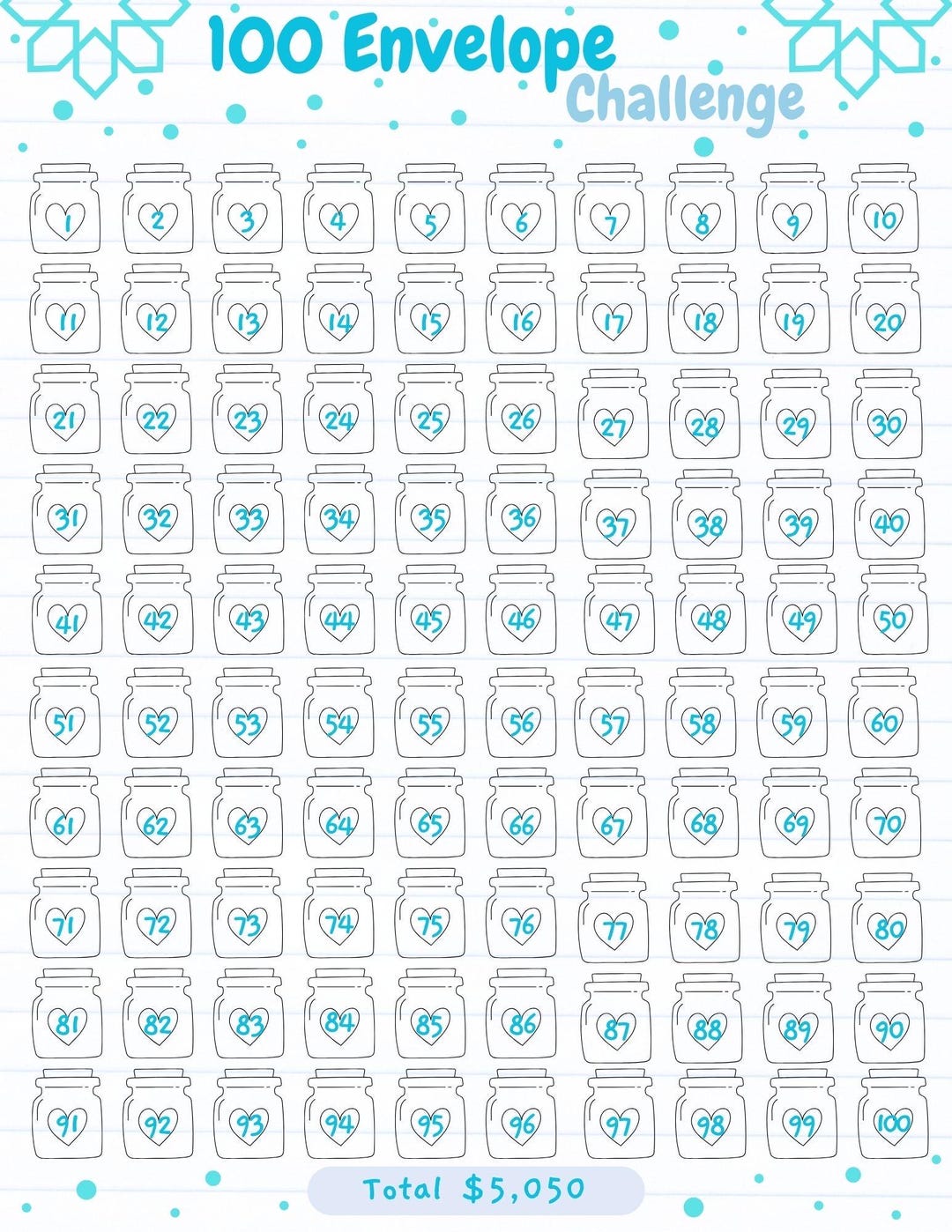 100 Envelope Savings Challenge- Printable Sheet - Etsy