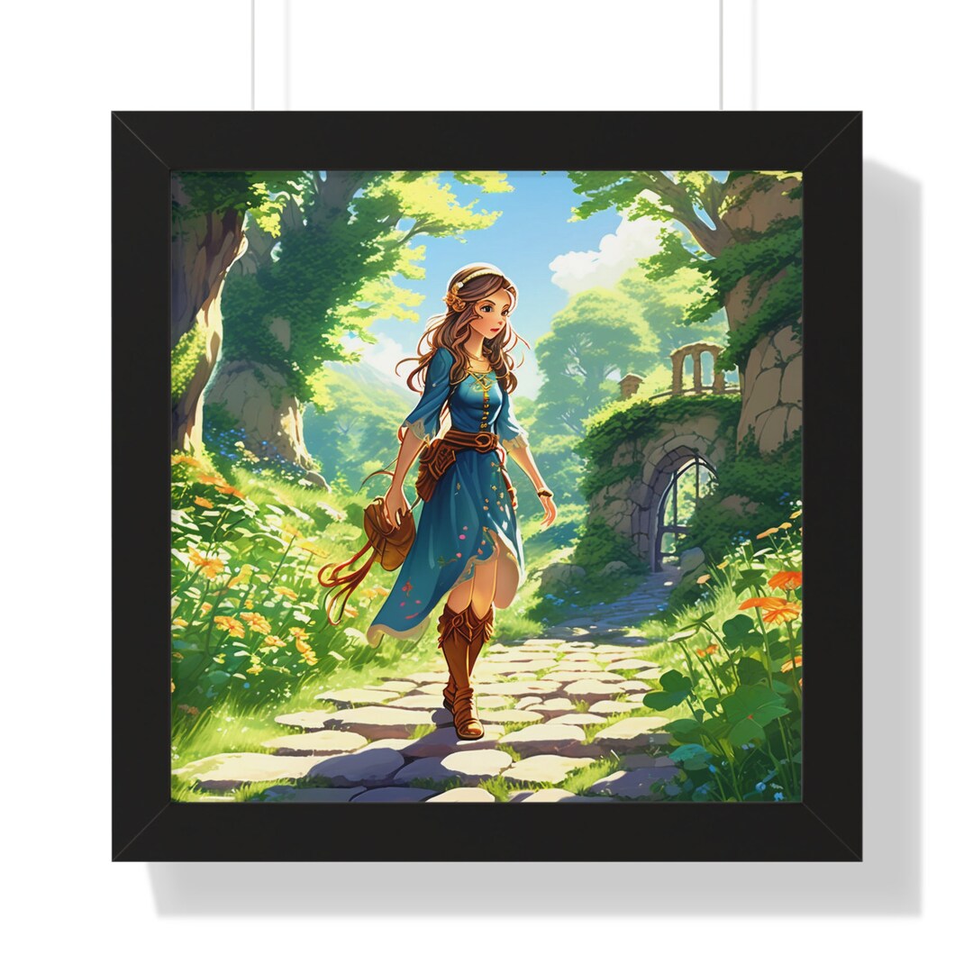 Cartoon Medieval Woman Walking Through the Woods Framed Horizontal ...