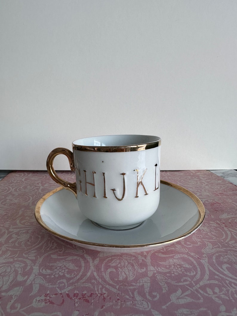 Antique Porcelain White and Gold Alphabet Tea Cup and Saucer- Germany ...