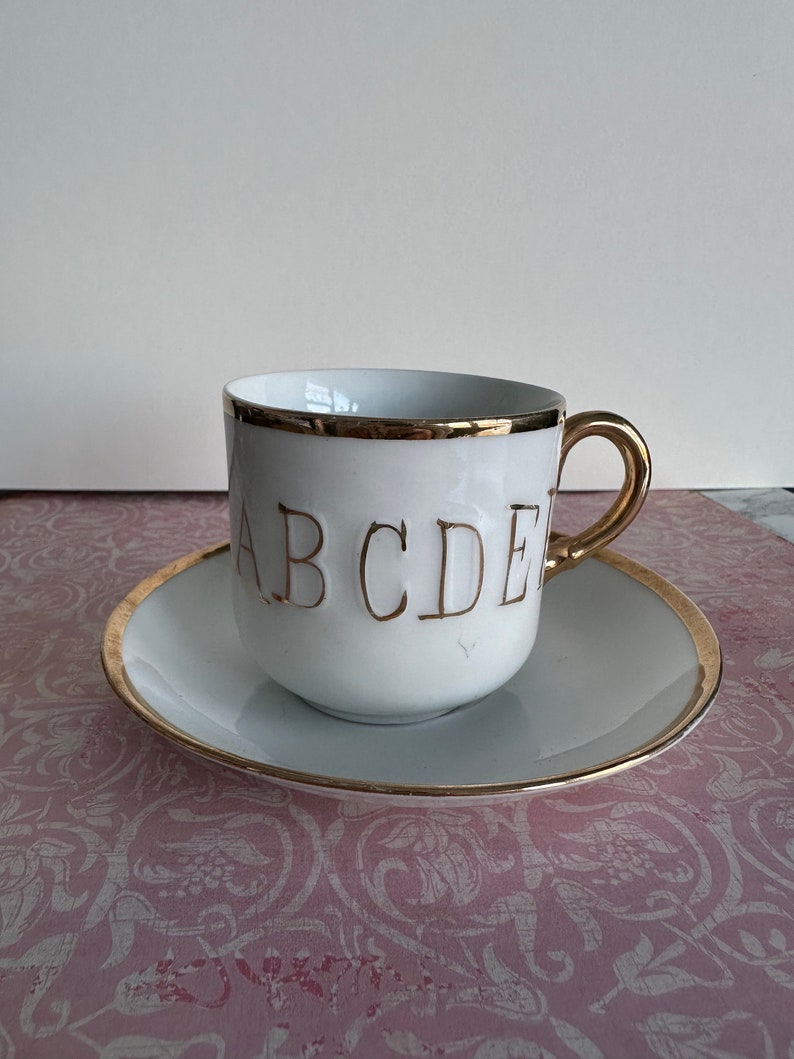 Antique Porcelain White and Gold Alphabet Tea Cup and Saucer- Germany ...