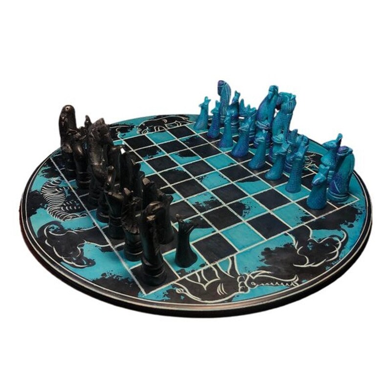 African Vintage Chess Set - Blue & Black Chess Board - Etsy