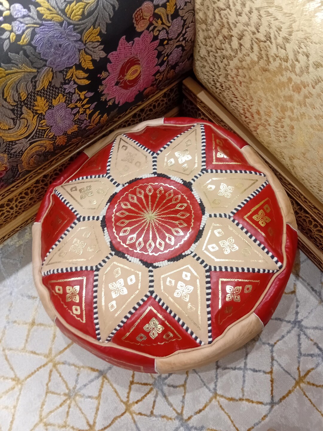 Handmande Morrocan Leather Poue Red and Beige Artisan Footstool - Etsy
