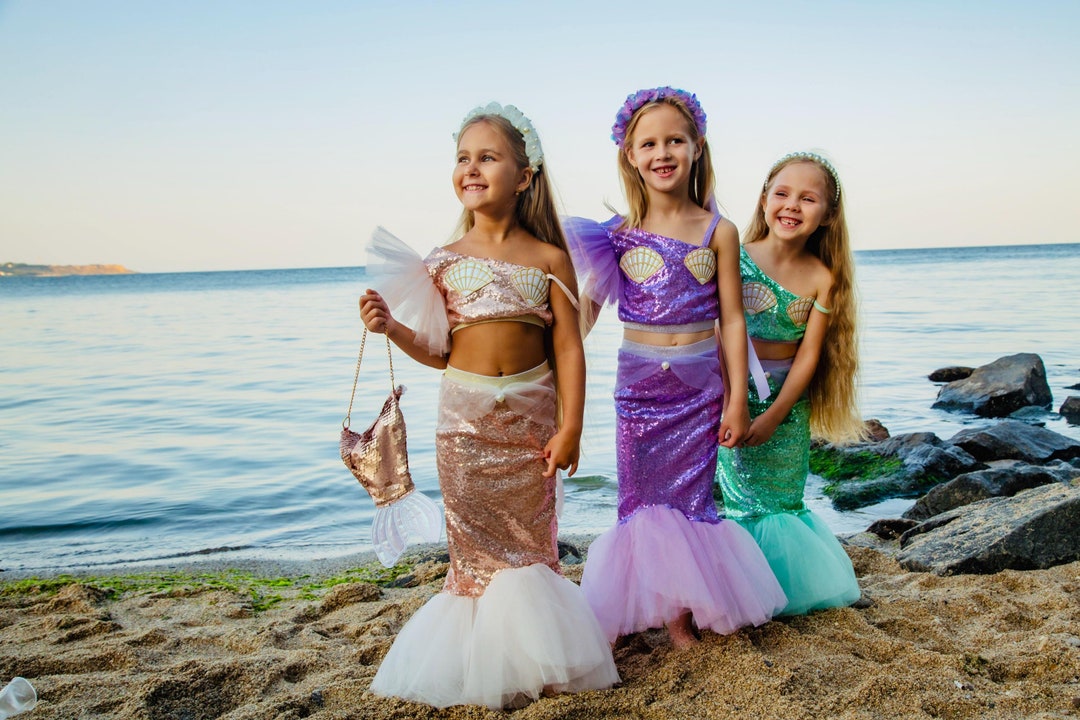 Sparkling Mermaid Costume for Little Girl, Sequin Skirt, One-shoulder ...
