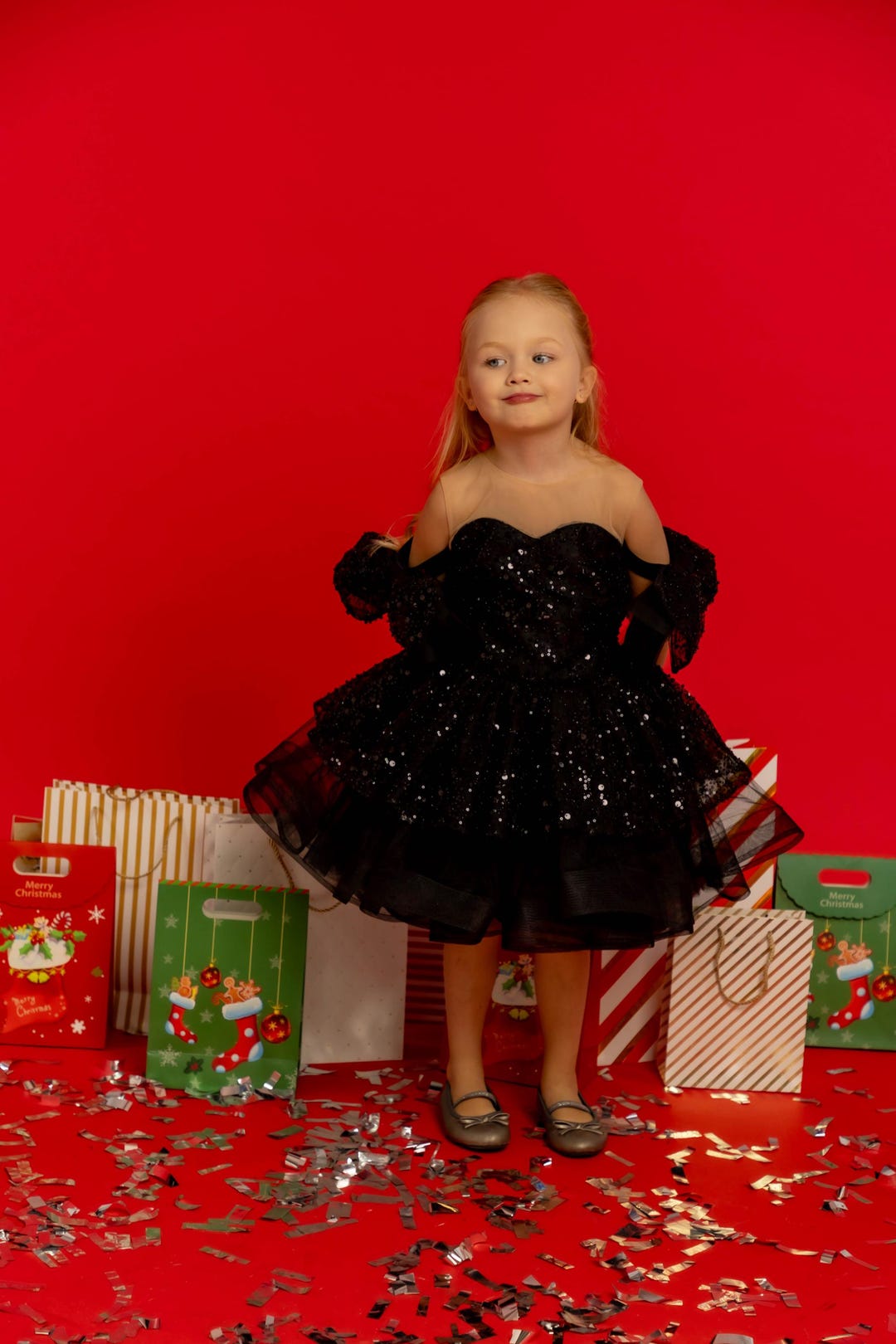 Sparkling Black Sequin Dress for Girls, Elegant Party Gown With Beads ...