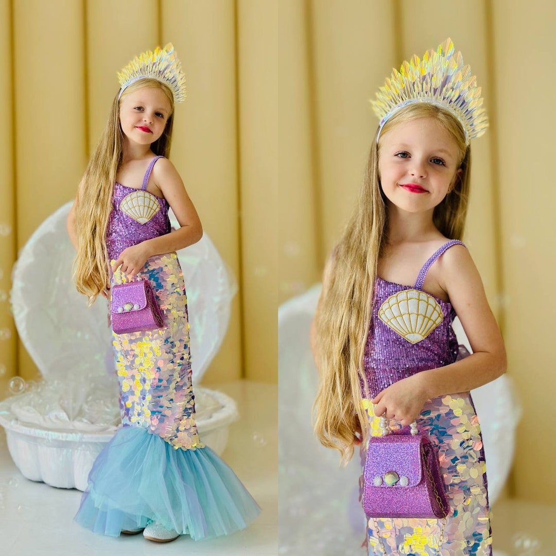 Princess Mermaid Costume for Girl, Dress, Crown, Bag, Headband ...