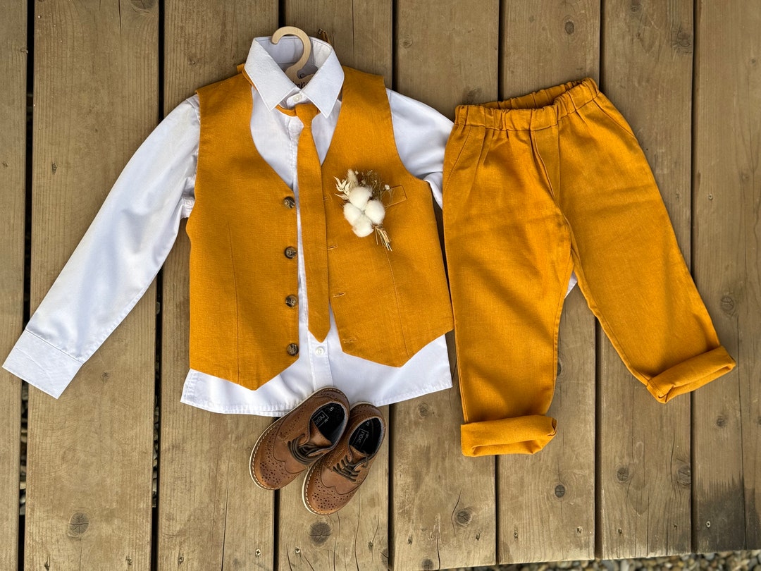 Page Boys' Mustard Linen Suit, Set of 3 for Wedding, Baptism ...