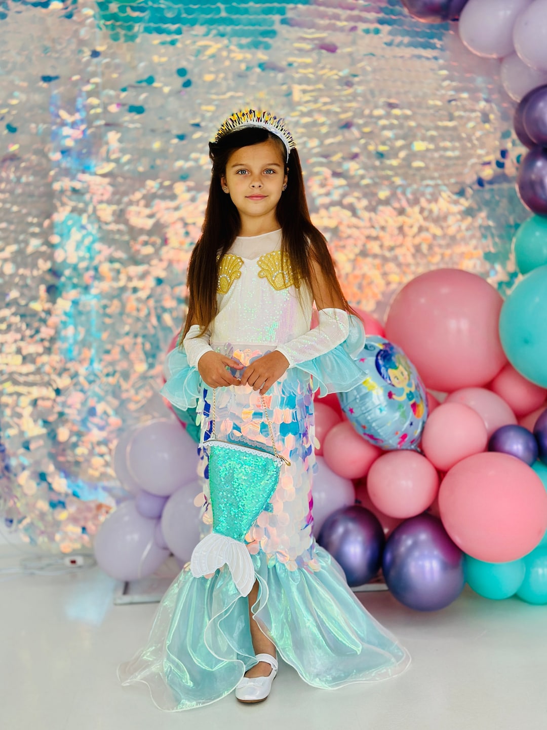 Mermaid Sequin Dress for Girls, Kids' Mermaid Costume With Crown, Bag ...