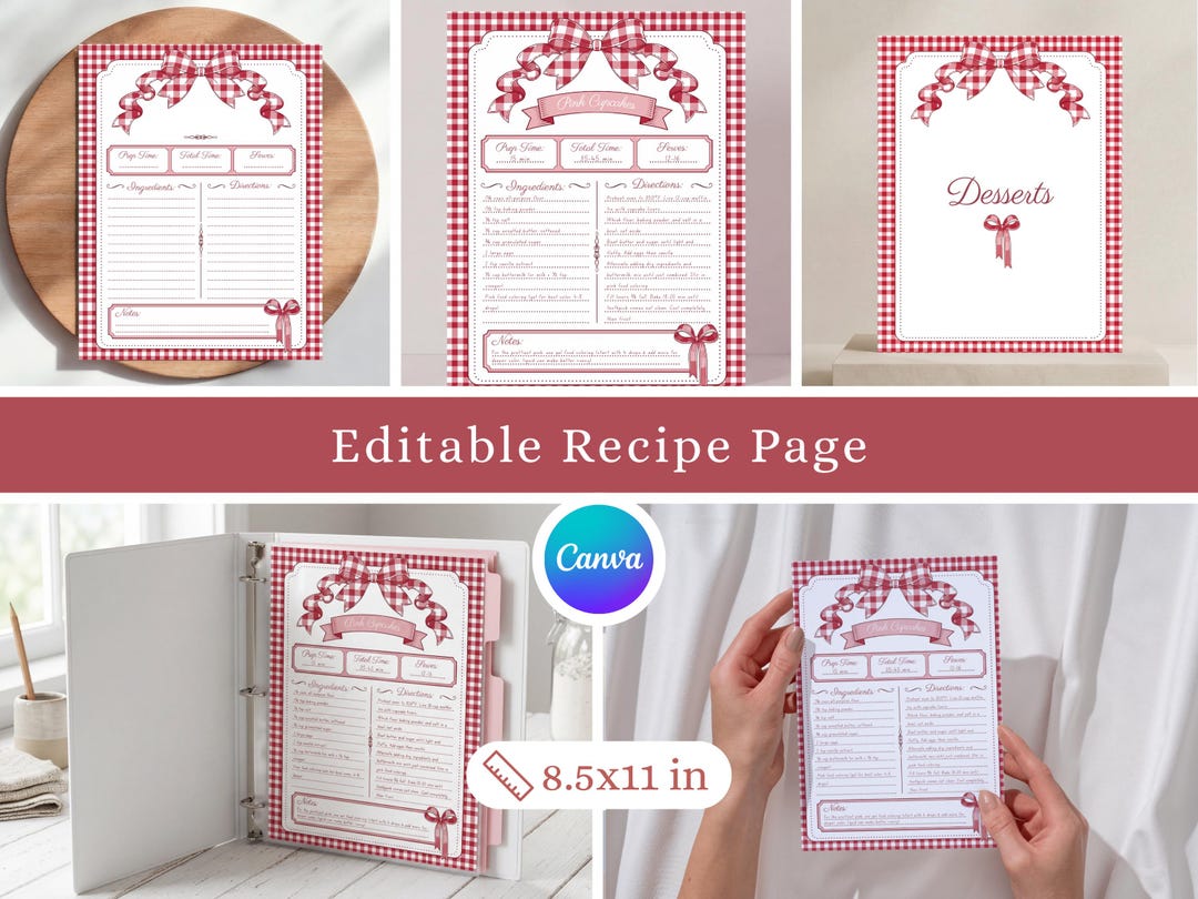 Printable Recipe Page Template Red Bow Gingham Editable Recipe Pages ...