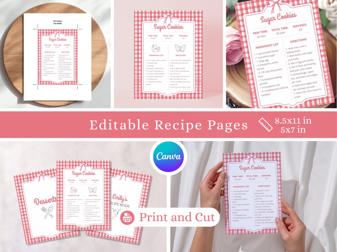 Editable Recipe Template Printable Pink Gingham Recipe Page & Cover Set ...