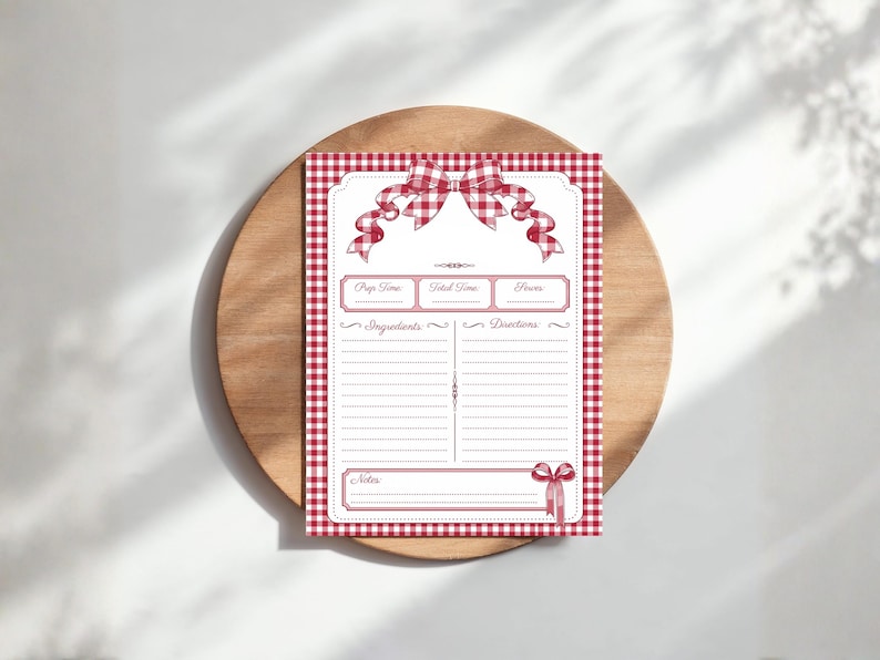 Printable Recipe Page Template Red Bow Gingham Editable Recipe Pages ...
