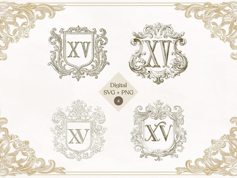 Quinceañera Monogram Crest SVG Bundle: Vintage XV Emblem (digital ...