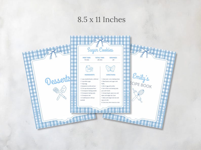 Editable Recipe Template Printable Baby Blue Gingham Recipe Page ...