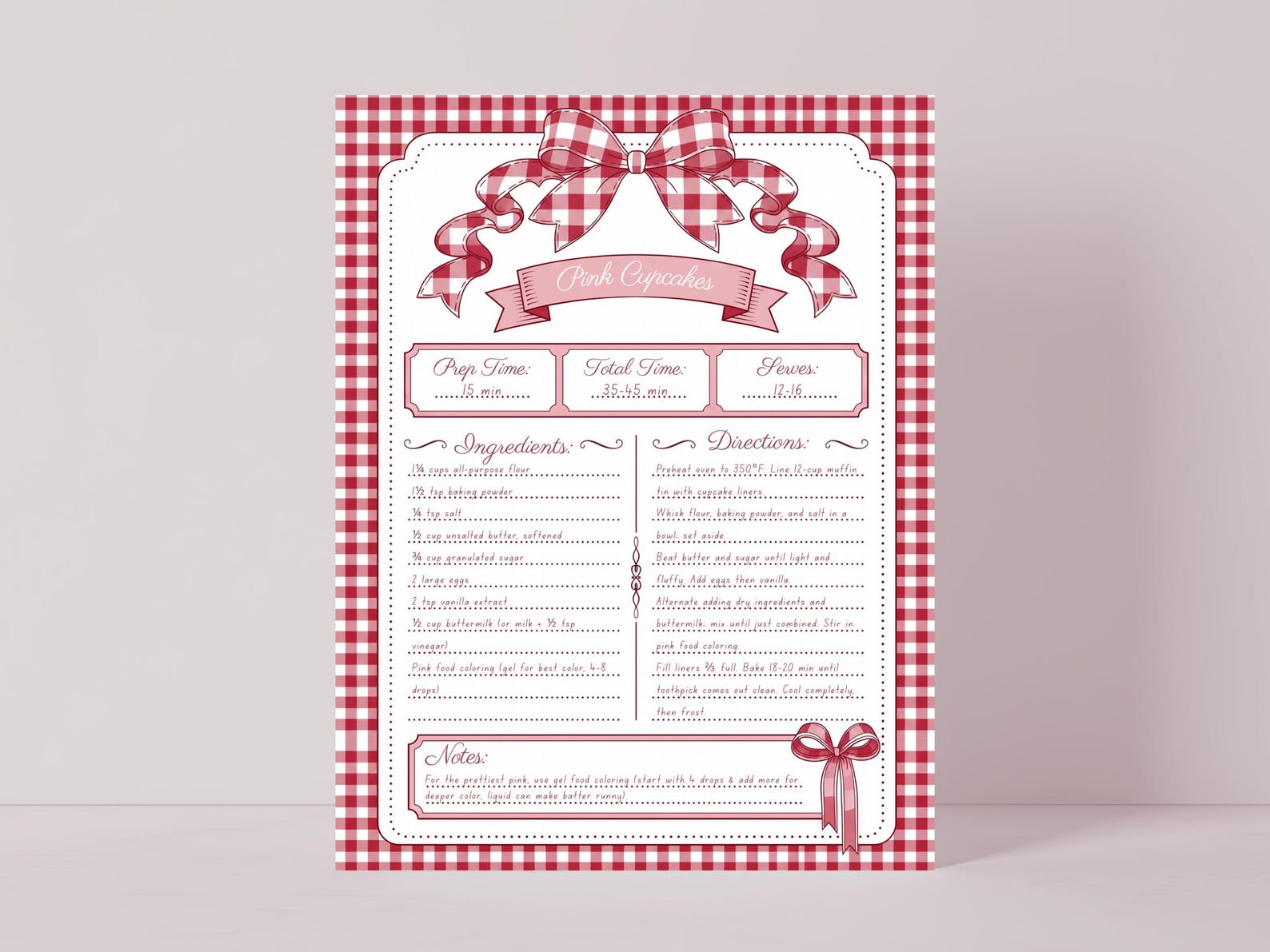 Printable Recipe Page Template Red Bow Gingham Editable Recipe Pages ...