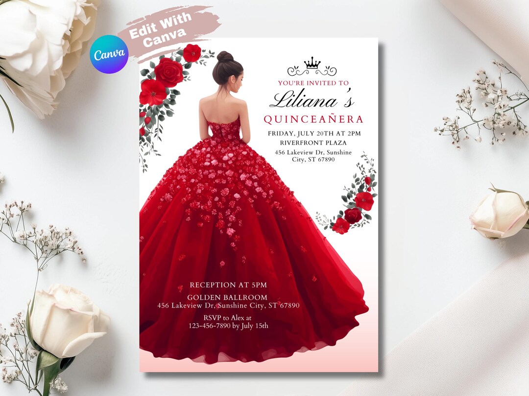 Red Dress Quinceañera Invitation Template: XV Party (canva Editable ...