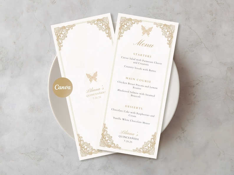 Editable Gold Quinceañera Menu Card Template Printable Reception Dinner ...